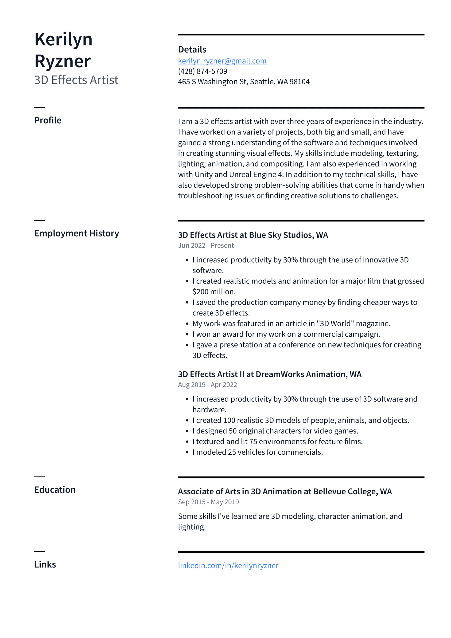 3D Animator Resume Example and Writing Guide - ResumeLawyer