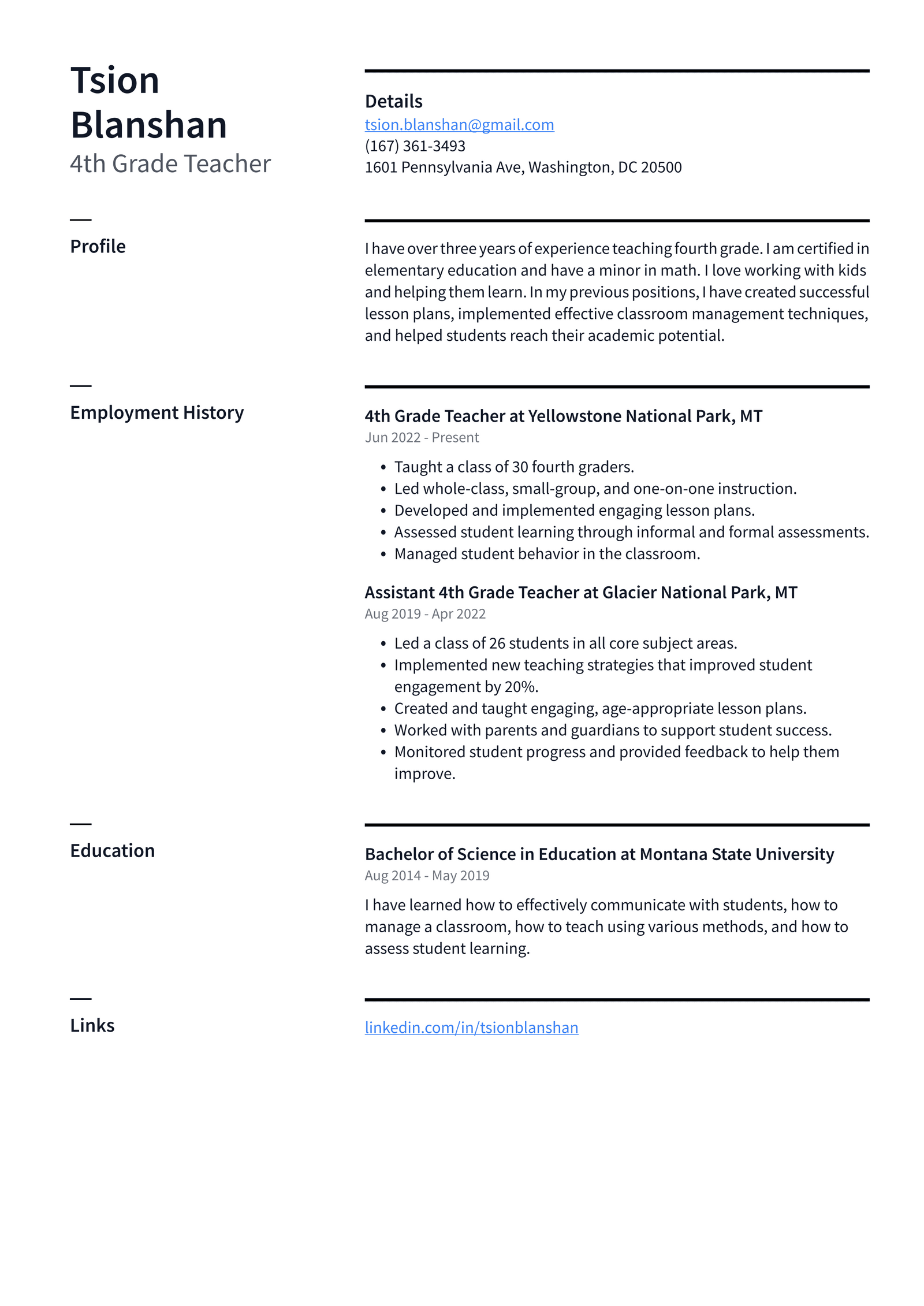 Elementary School Teacher Resume Example and Writing Guide