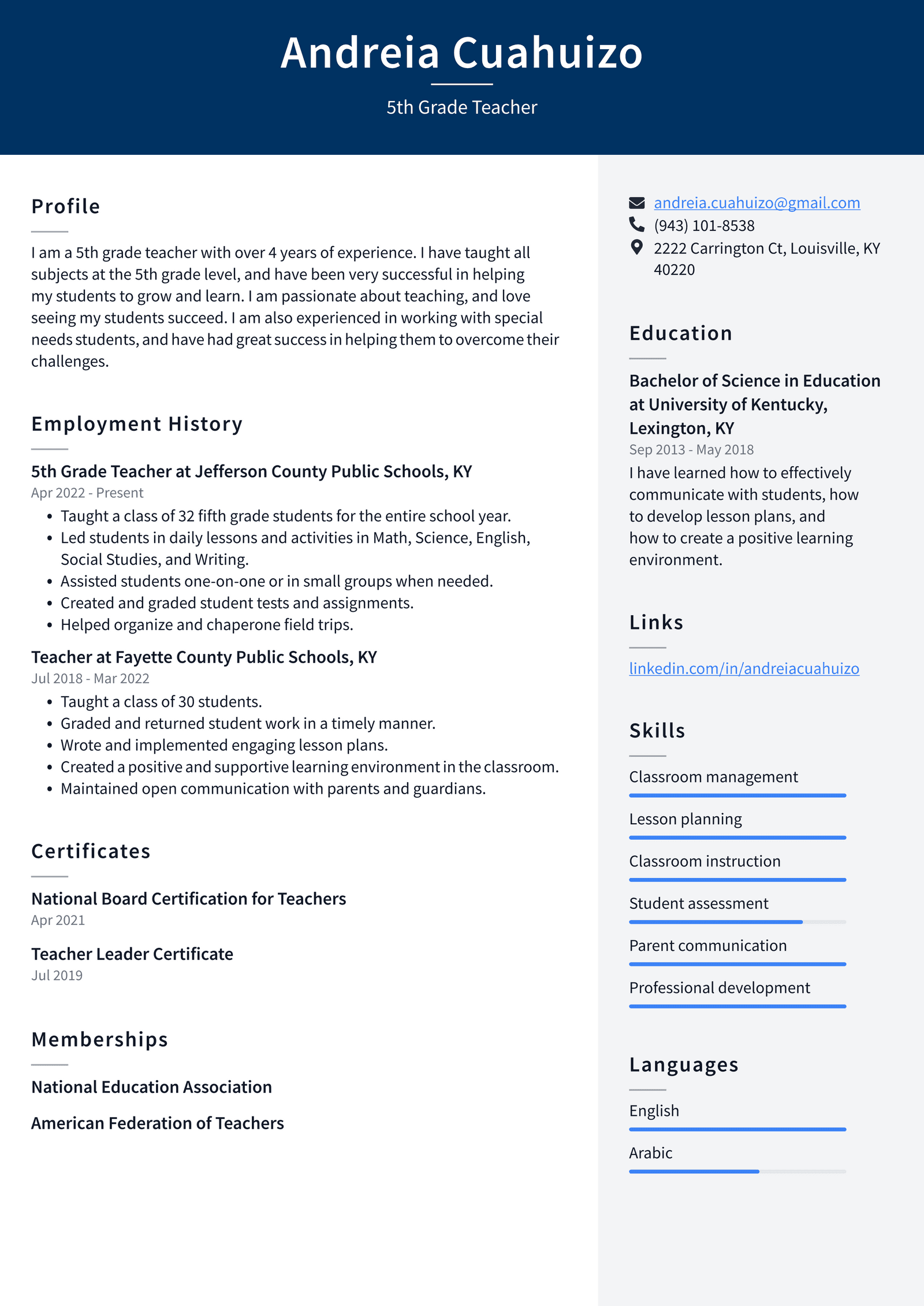Elementary School Teacher Resume Example and Writing Guide