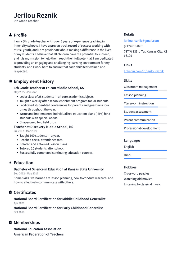 Elementary School Teacher Resume Example and Writing Guide