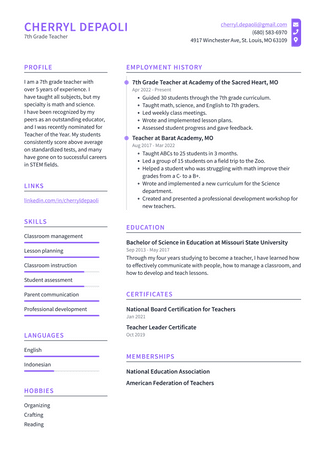 Elementary School Teacher Resume Example and Writing Guide