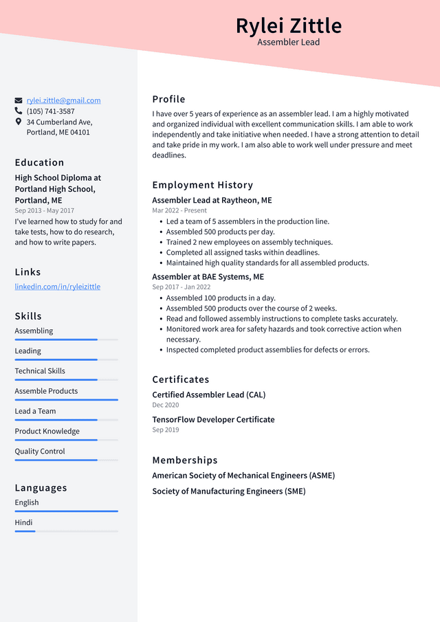 Assembler Resume Example and Writing Guide - ResumeLawyer