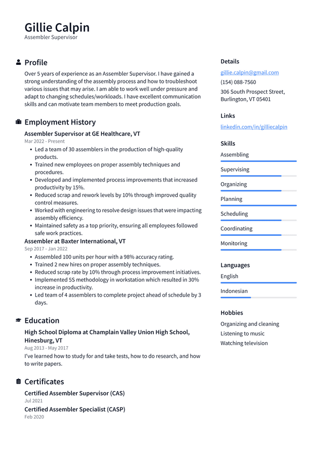 Assembler Resume Example and Writing Guide - ResumeLawyer
