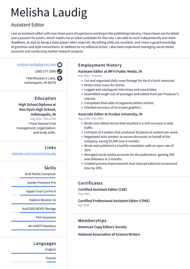 Film and Video Editor Resume Example and Writing Guide