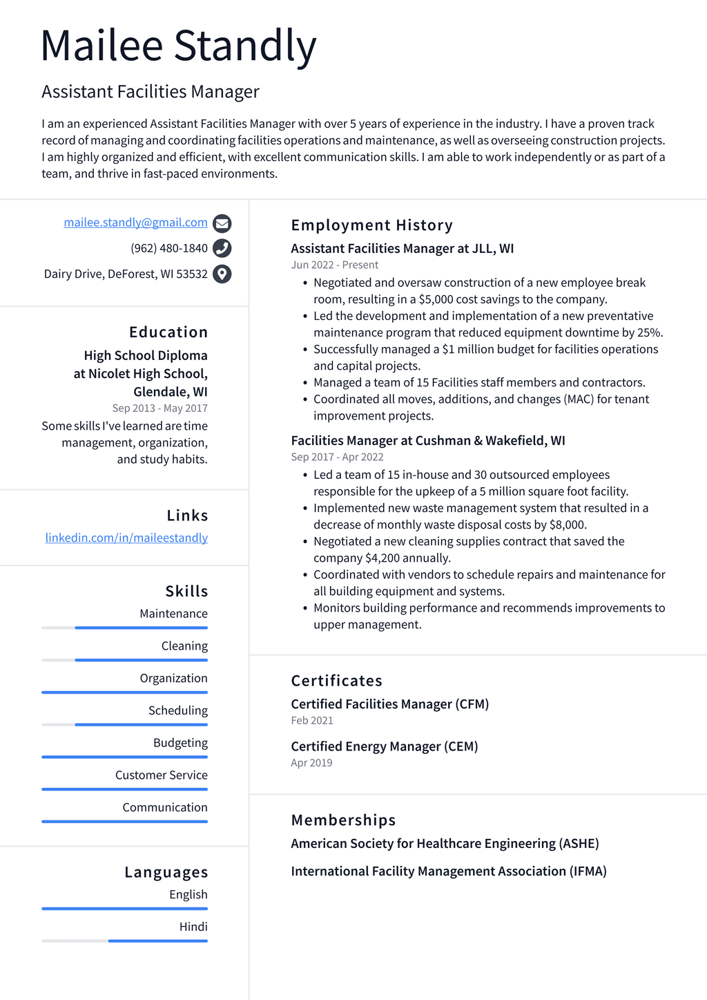 Facilities Manager Resume Example and Writing Guide - ResumeLawyer