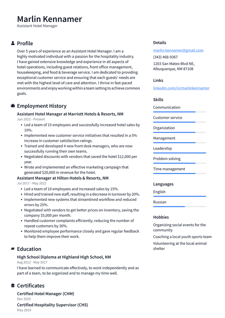 Hotel Management Resume Example and Writing Guide - ResumeLawyer