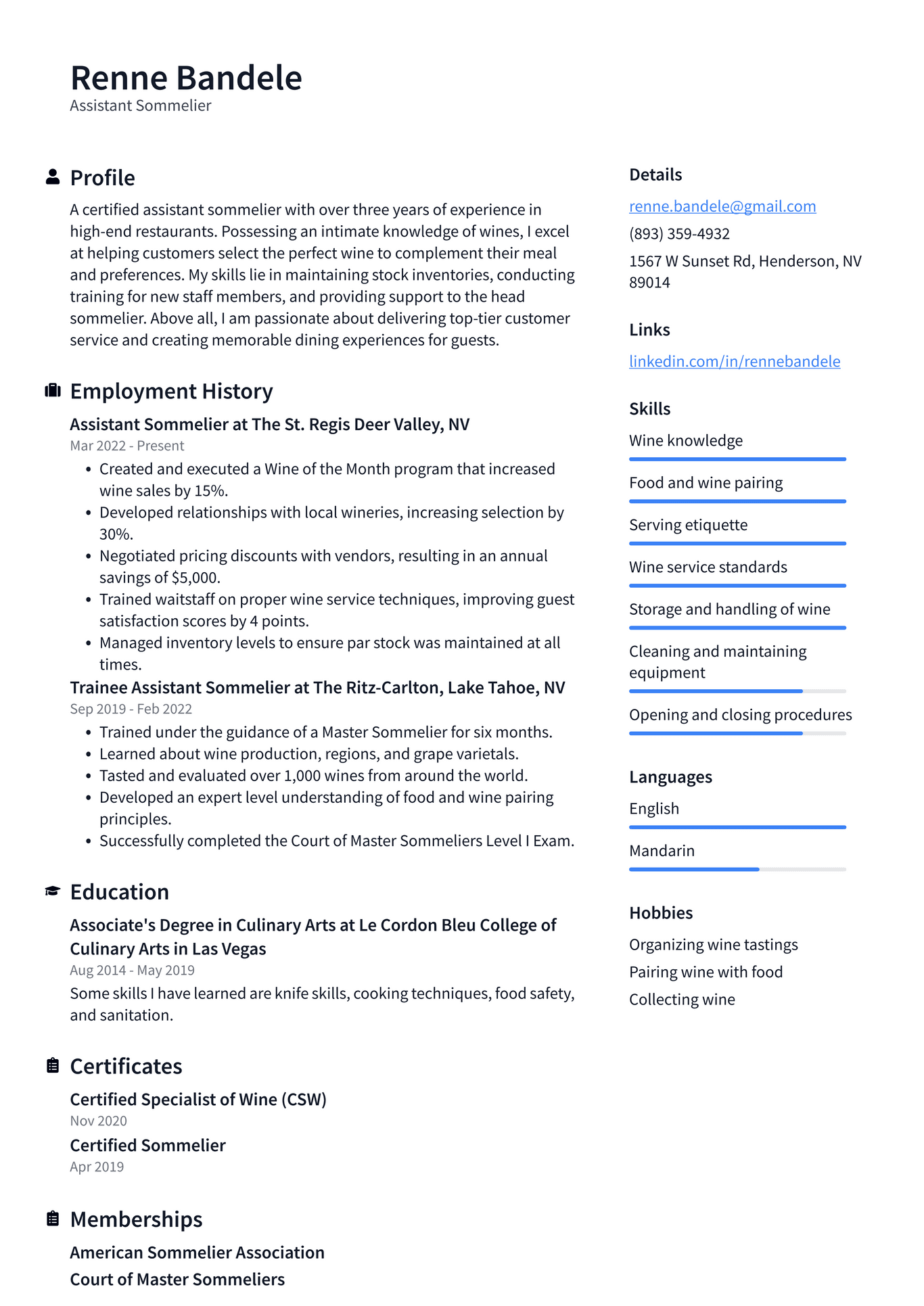Sommelier Resume Example and Writing Guide - ResumeLawyer