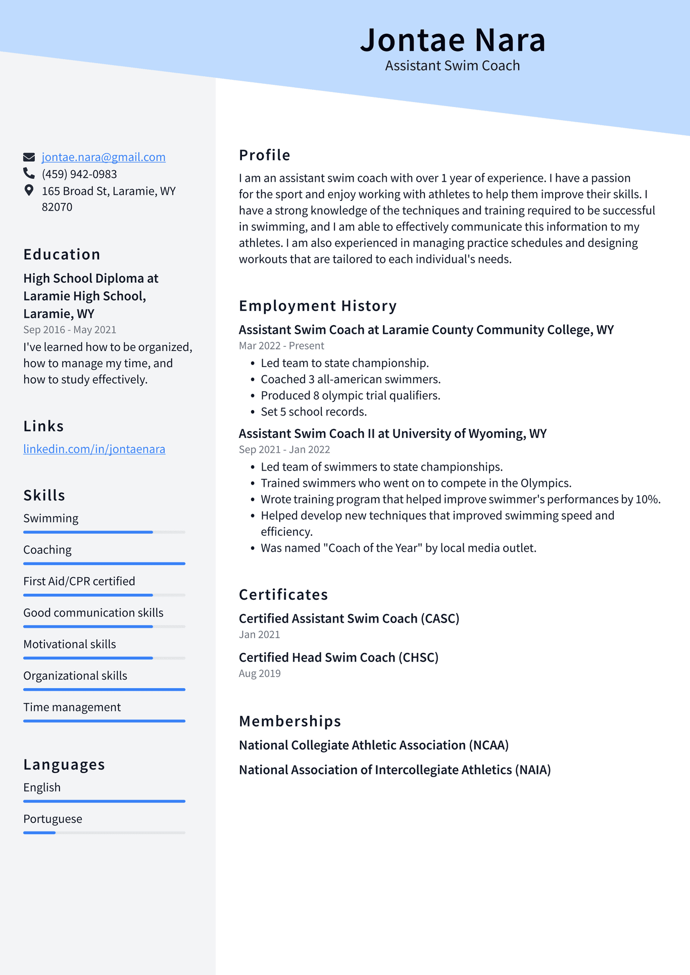 Swimming Coach Resume Example and Writing Guide - ResumeLawyer