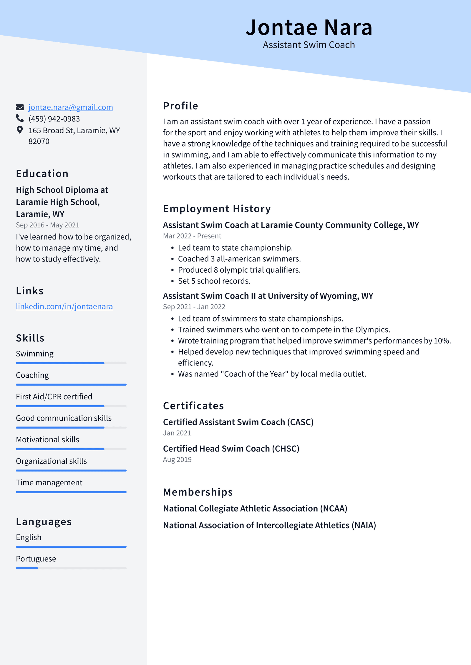 Swimming Coach Resume Example and Writing Guide - ResumeLawyer