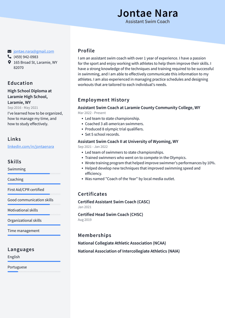Swimming Coach Resume Example and Writing Guide - ResumeLawyer