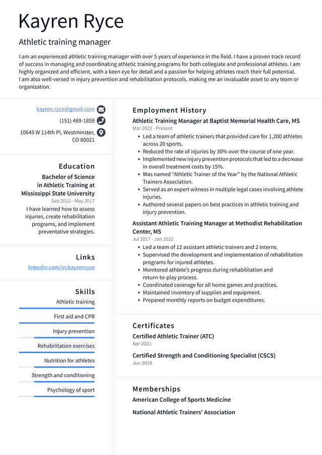 Athletic Trainer Resume Example and Writing Guide - ResumeLawyer