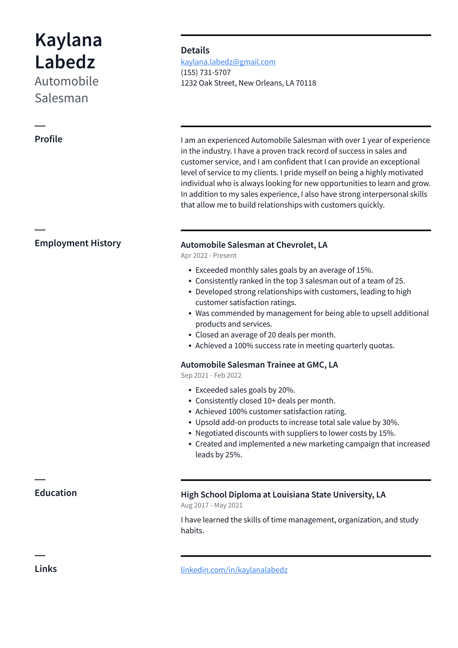 Car Sales Resume Example and Writing Guide - ResumeLawyer
