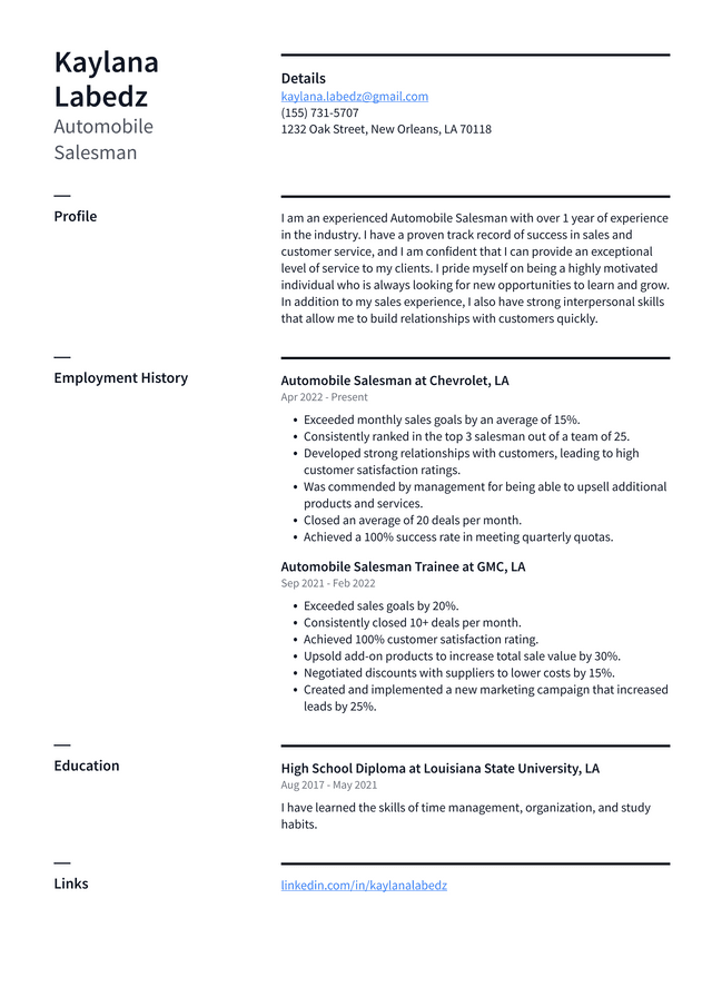Car Sales Resume Example and Writing Guide - ResumeLawyer