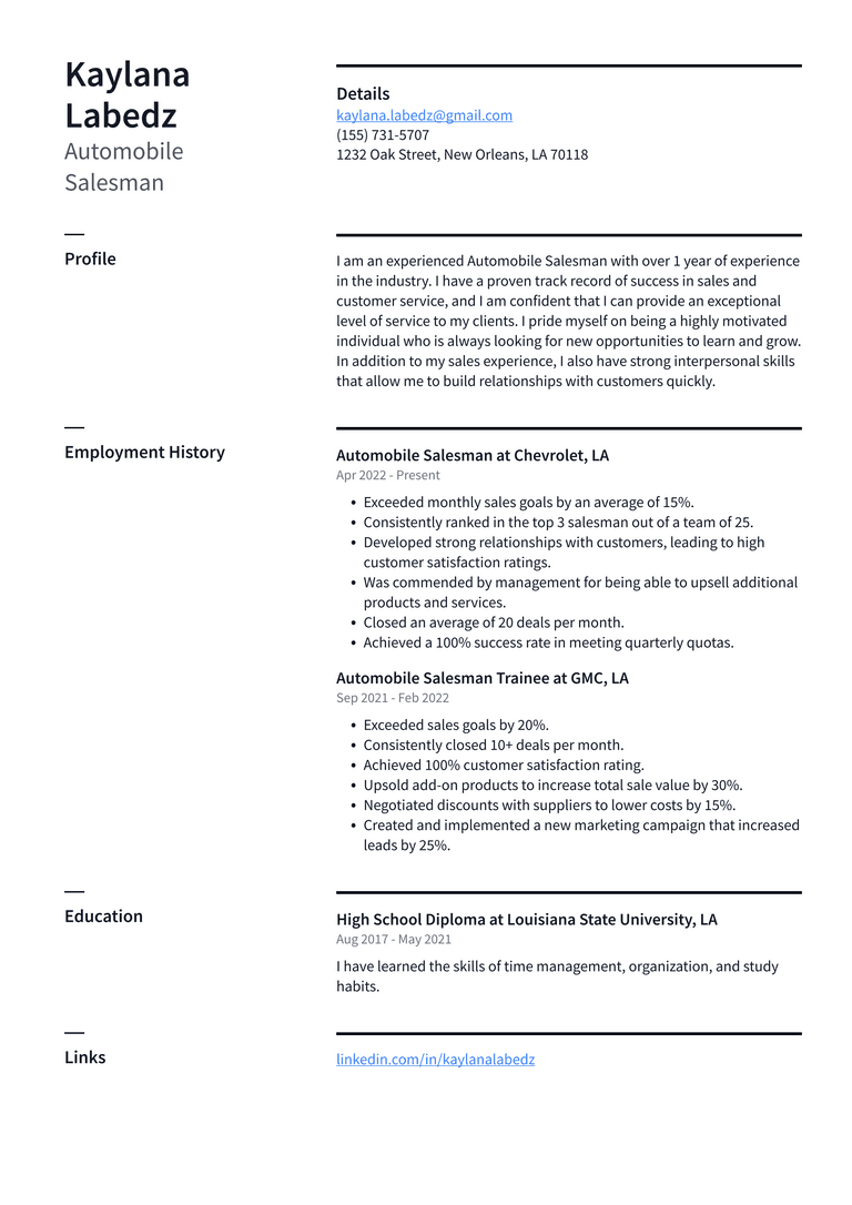 Car Sales Resume Example and Writing Guide - ResumeLawyer