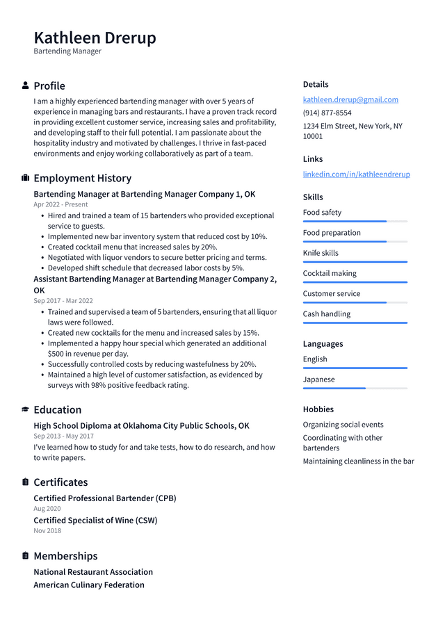 Bartender Resume Example and Writing Guide - ResumeLawyer