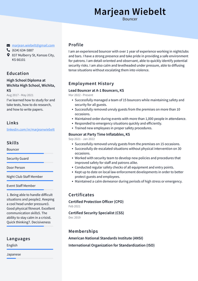 Doorman Resume Example and Writing Guide - ResumeLawyer