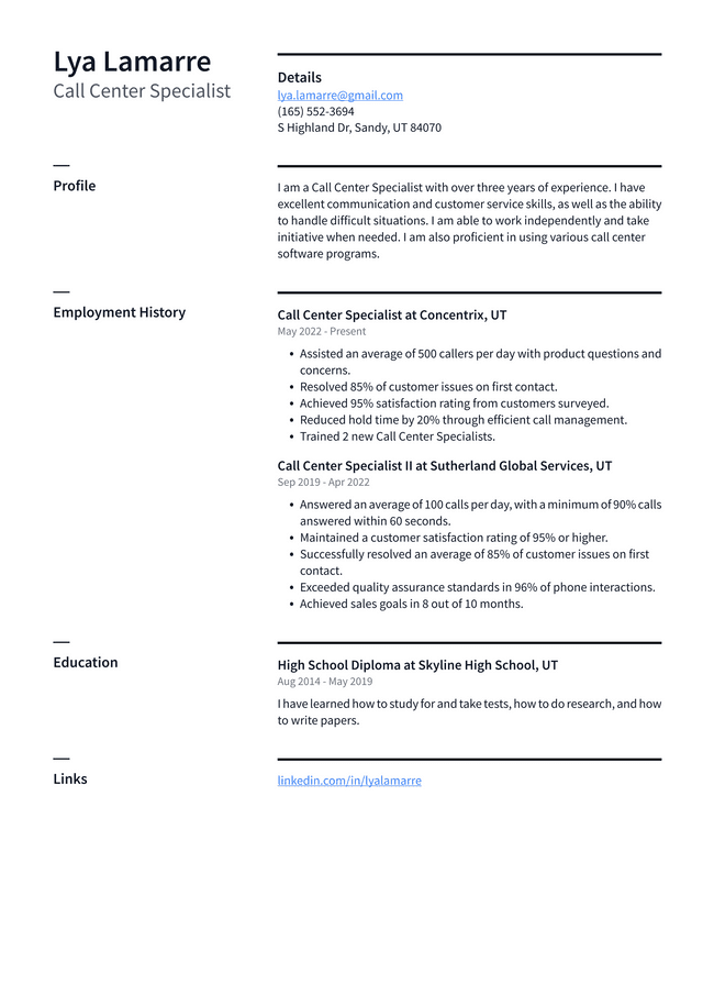 Call Center Agent Resume Example and Writing Guide - ResumeLawyer