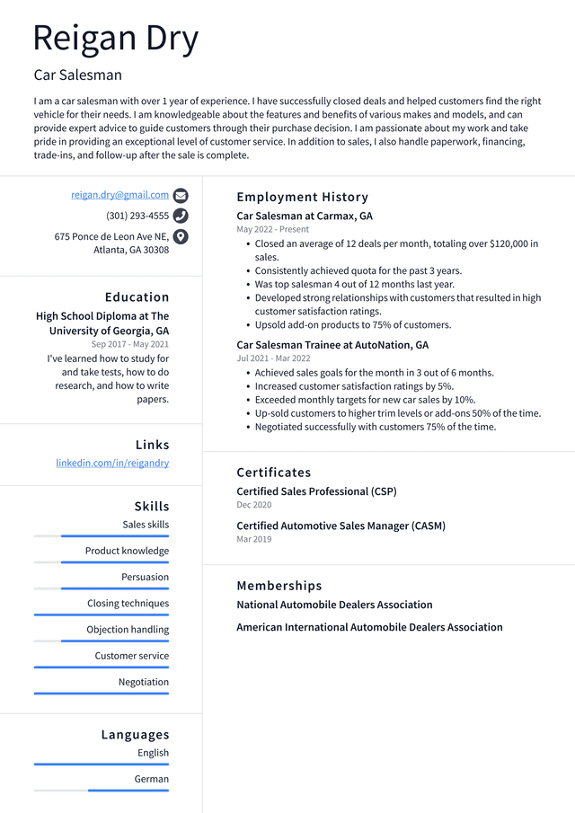 Car Sales Resume Example and Writing Guide - ResumeLawyer