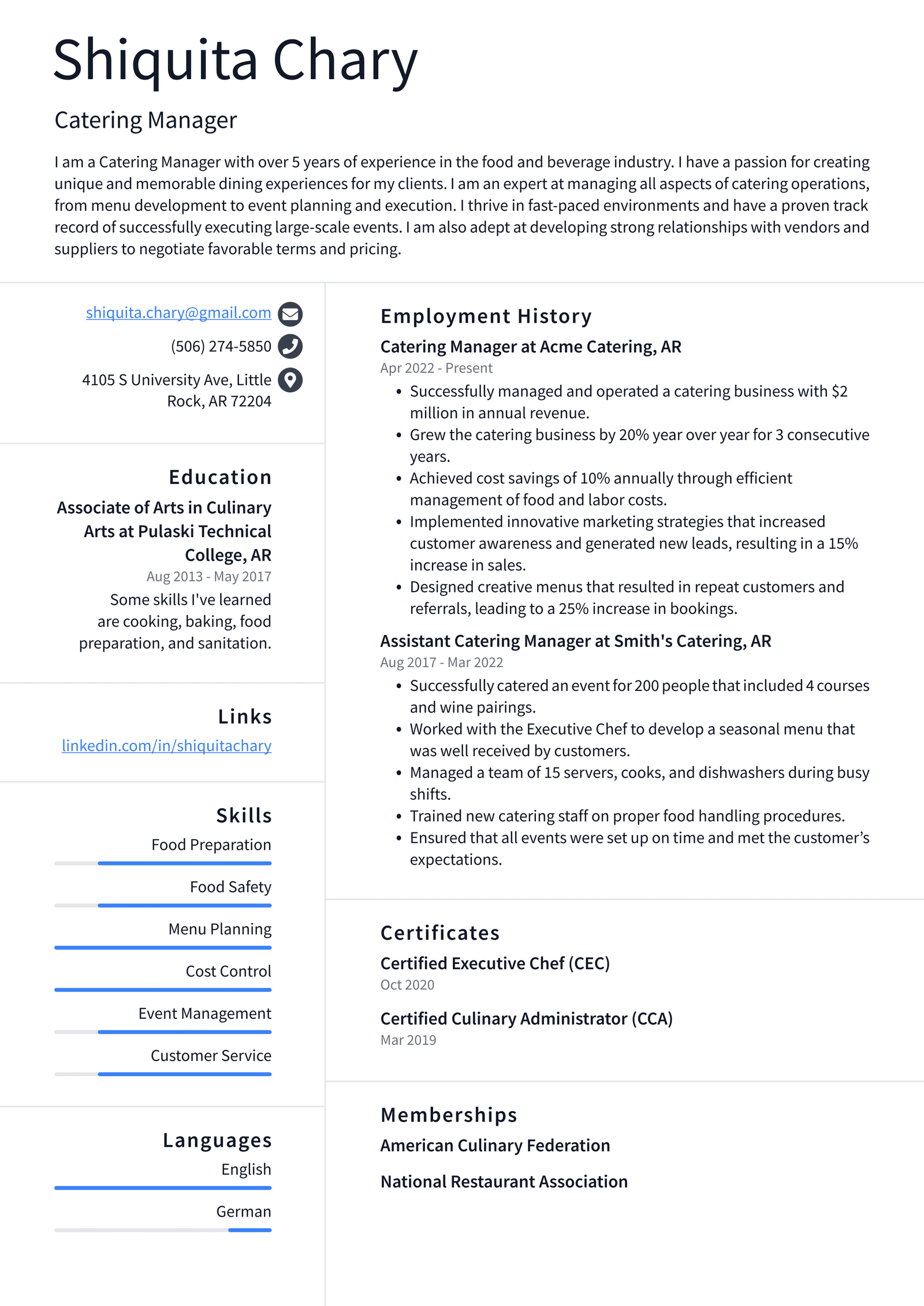 Food Services Manager Resume Example and Writing Guide