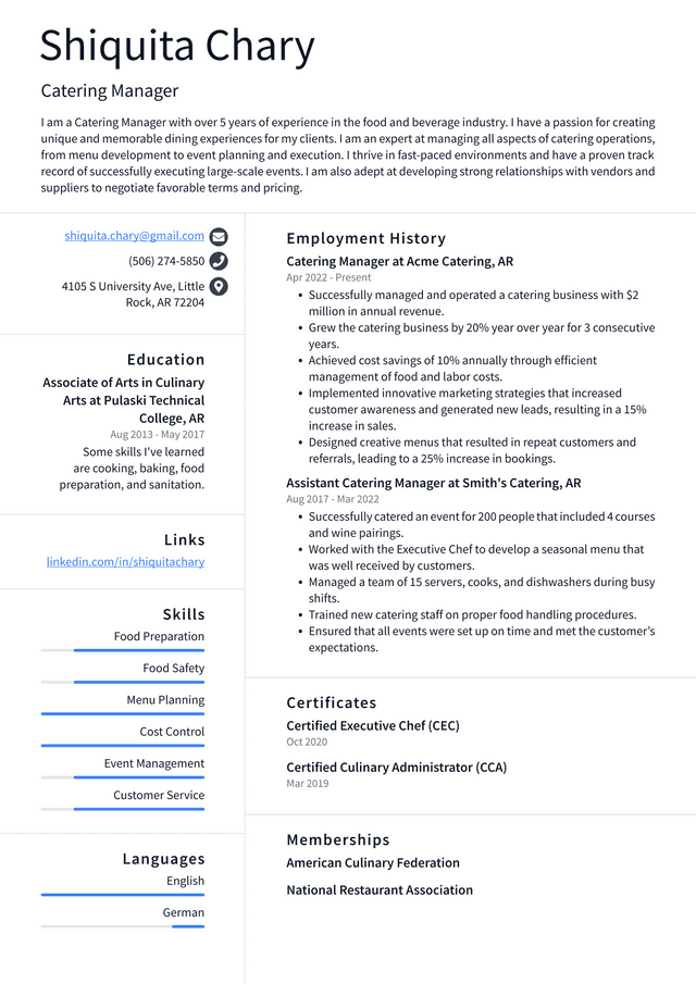 Food Services Manager Resume Example and Writing Guide