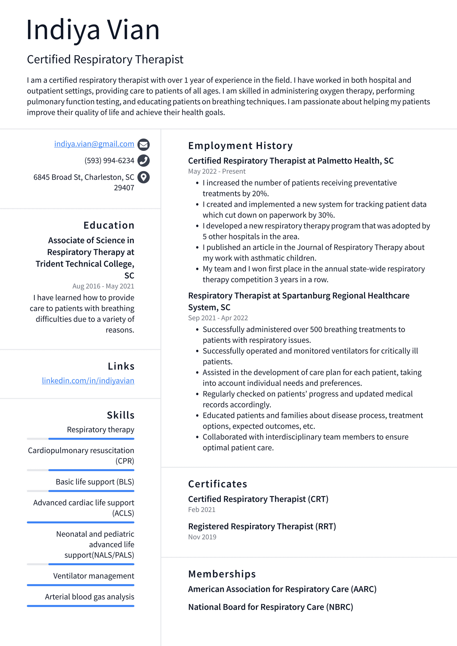 Respiratory Therapist Resume Example and Writing Guide