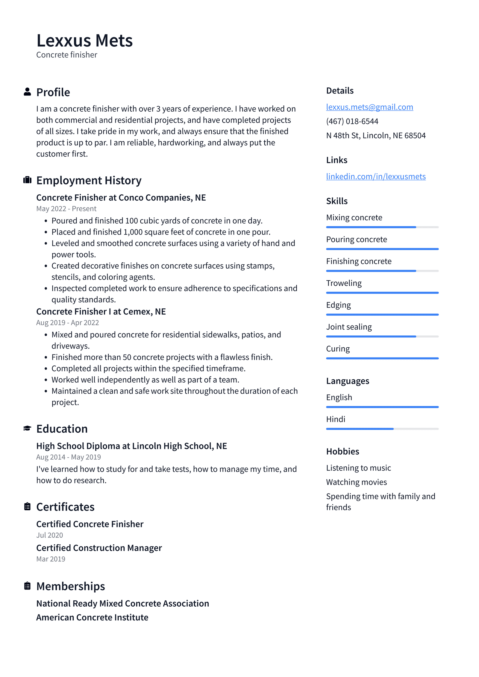 Cement Mason Resume Example and Writing Guide - ResumeLawyer