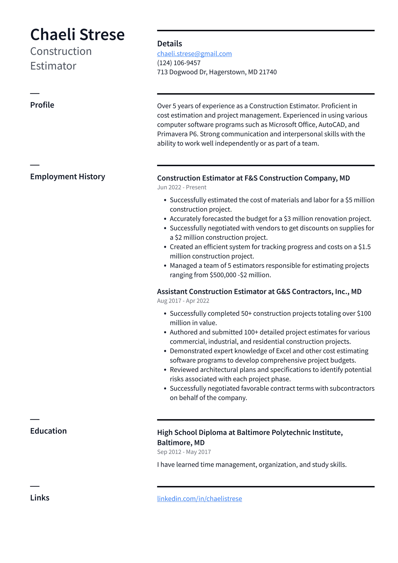 Construction Manager Resume Example and Writing Guide