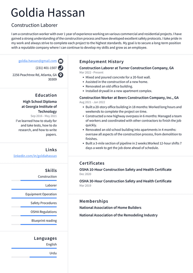 Construction Manager Resume Example and Writing Guide