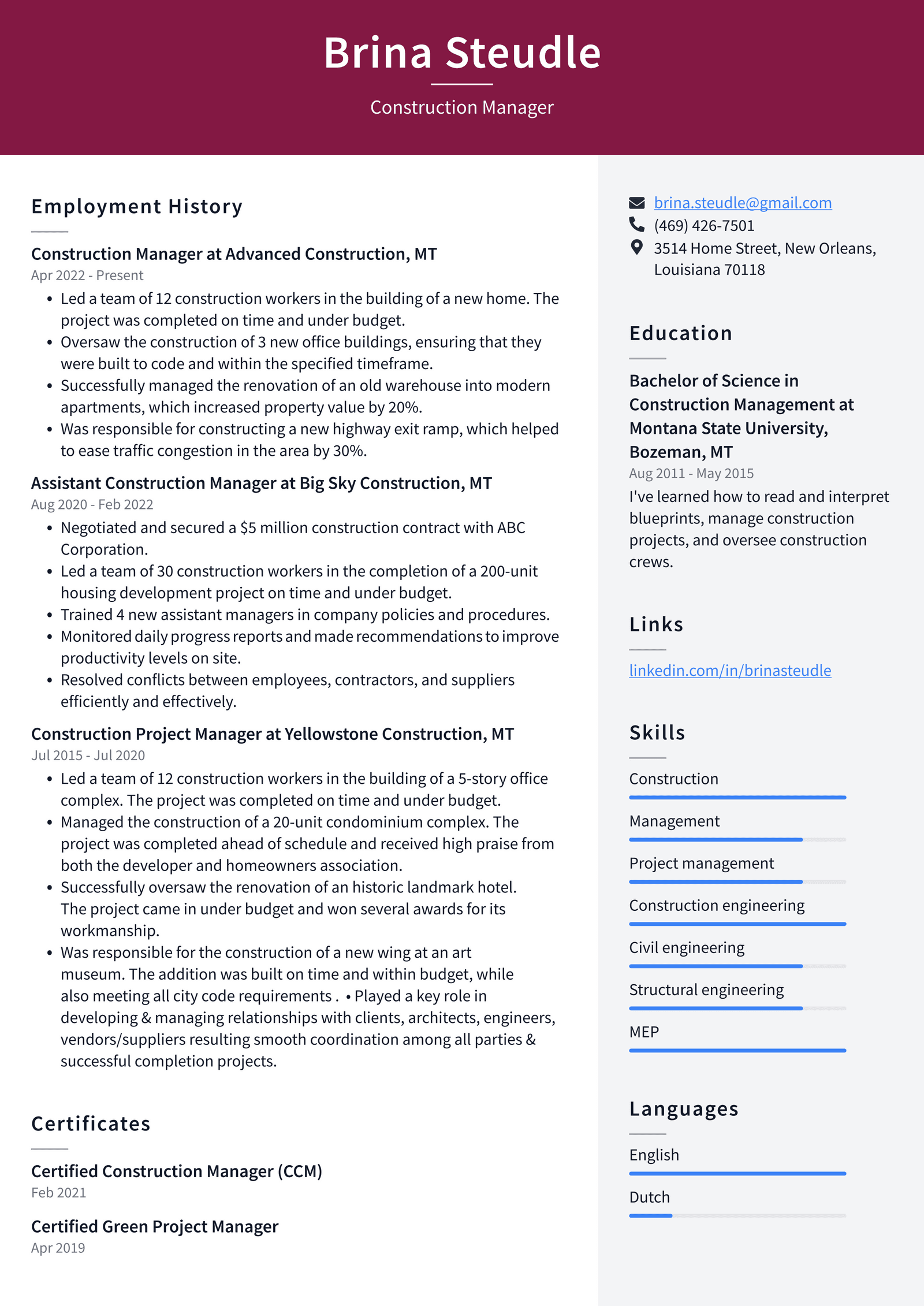 Construction Worker Resume Example and Writing Guide