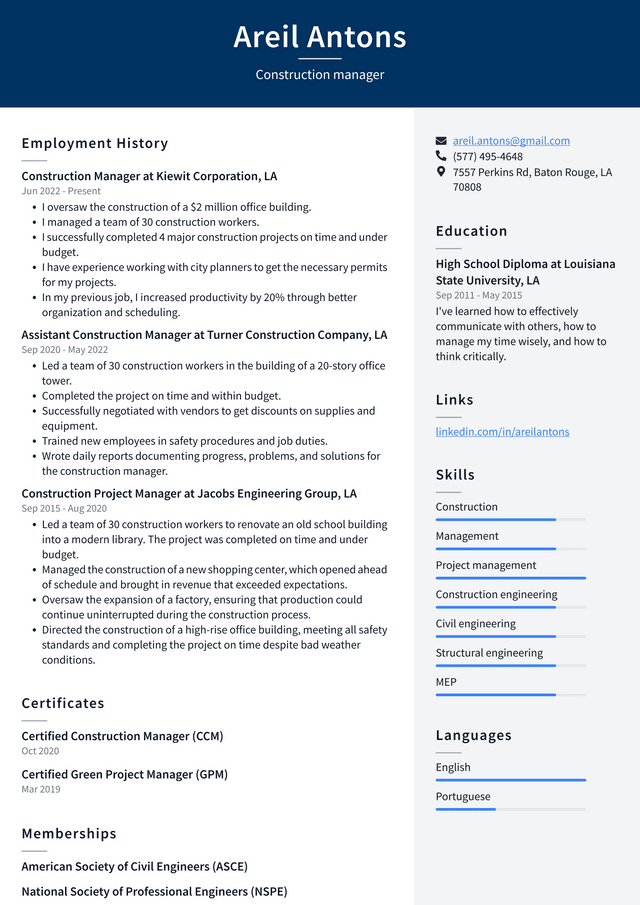 Construction Resume Example and Writing Guide - ResumeLawyer