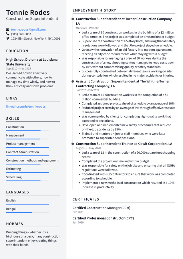 Construction Worker Resume Example and Writing Guide