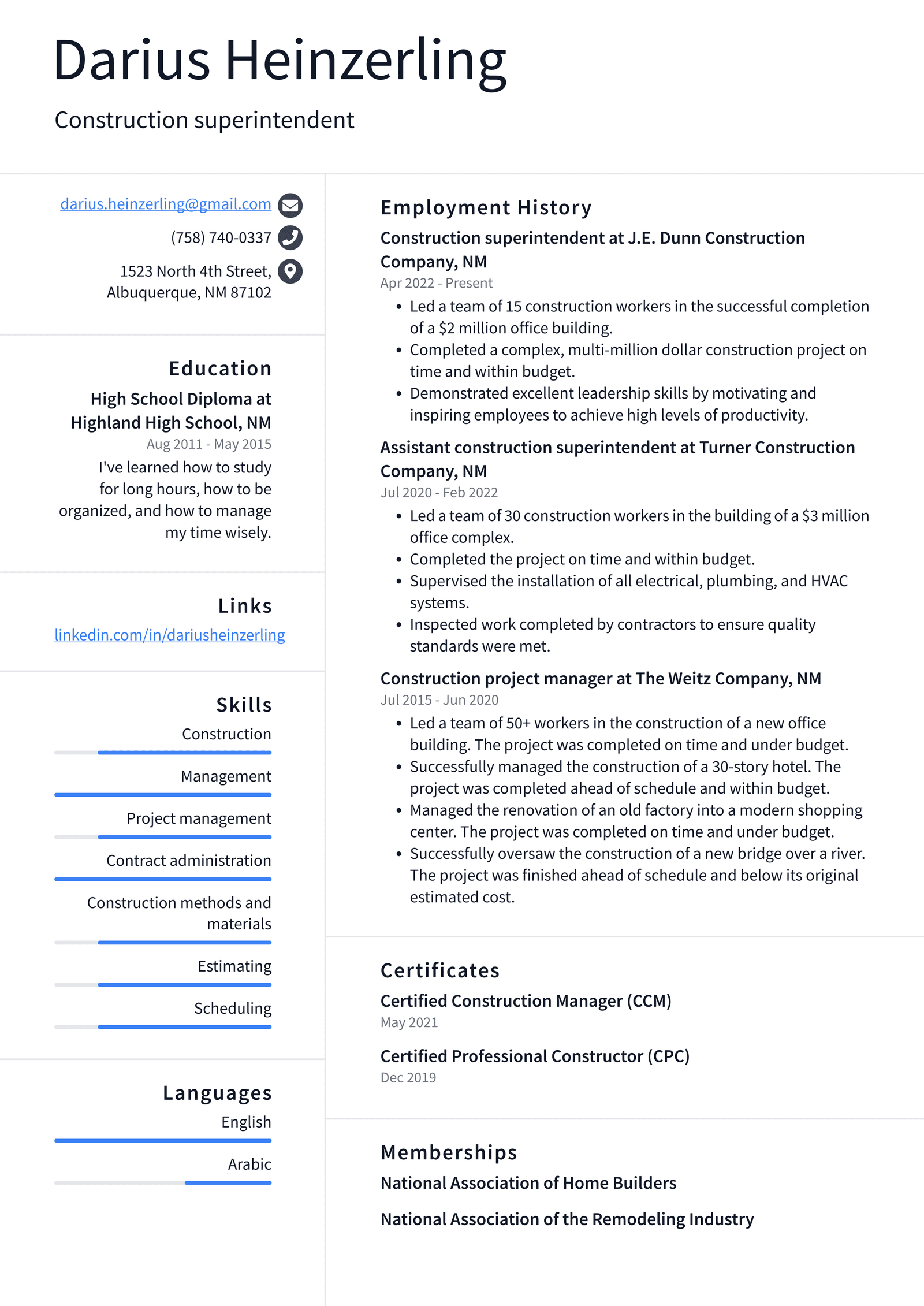 Construction Resume Example and Writing Guide - ResumeLawyer