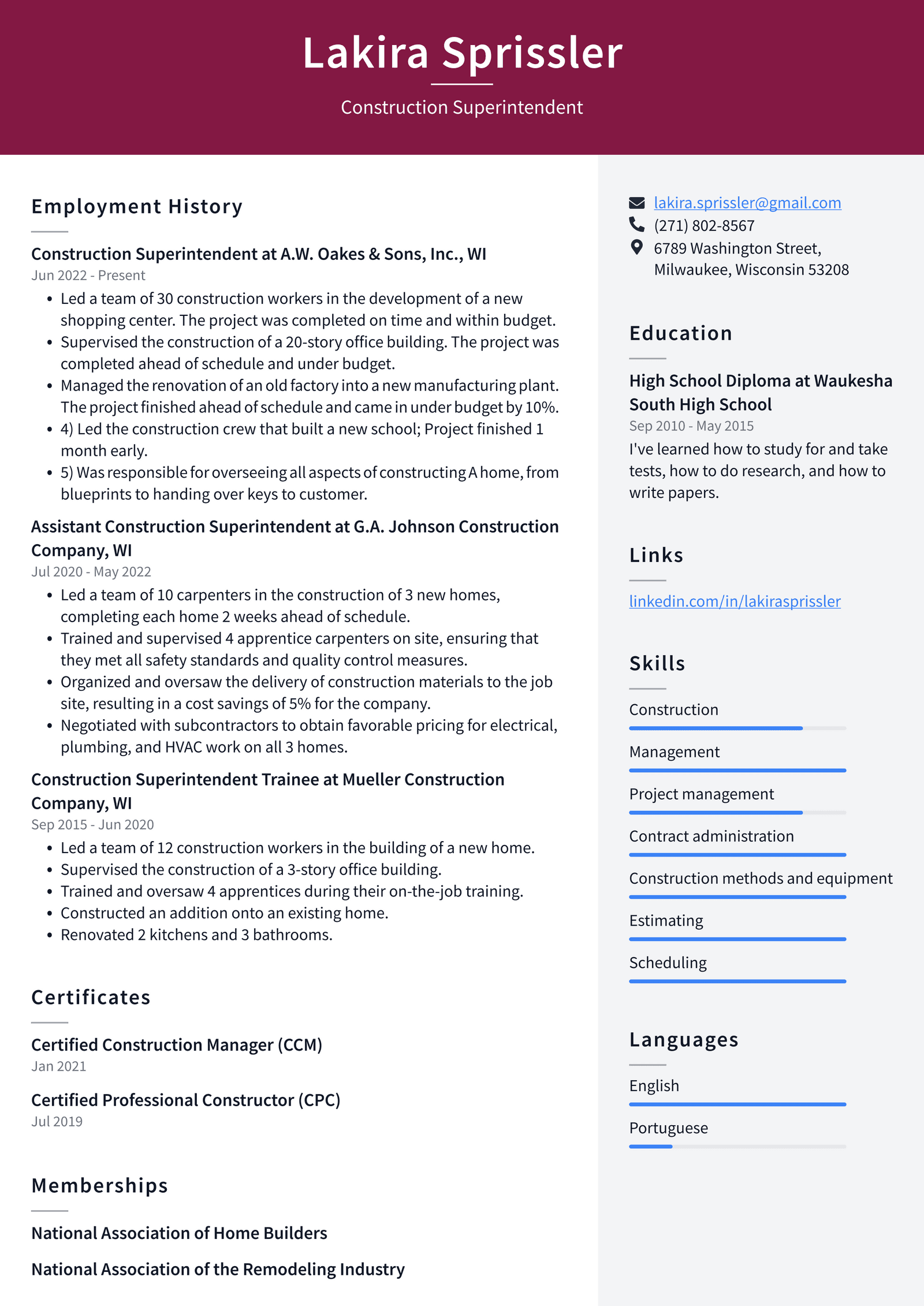 Construction Manager Resume Example and Writing Guide