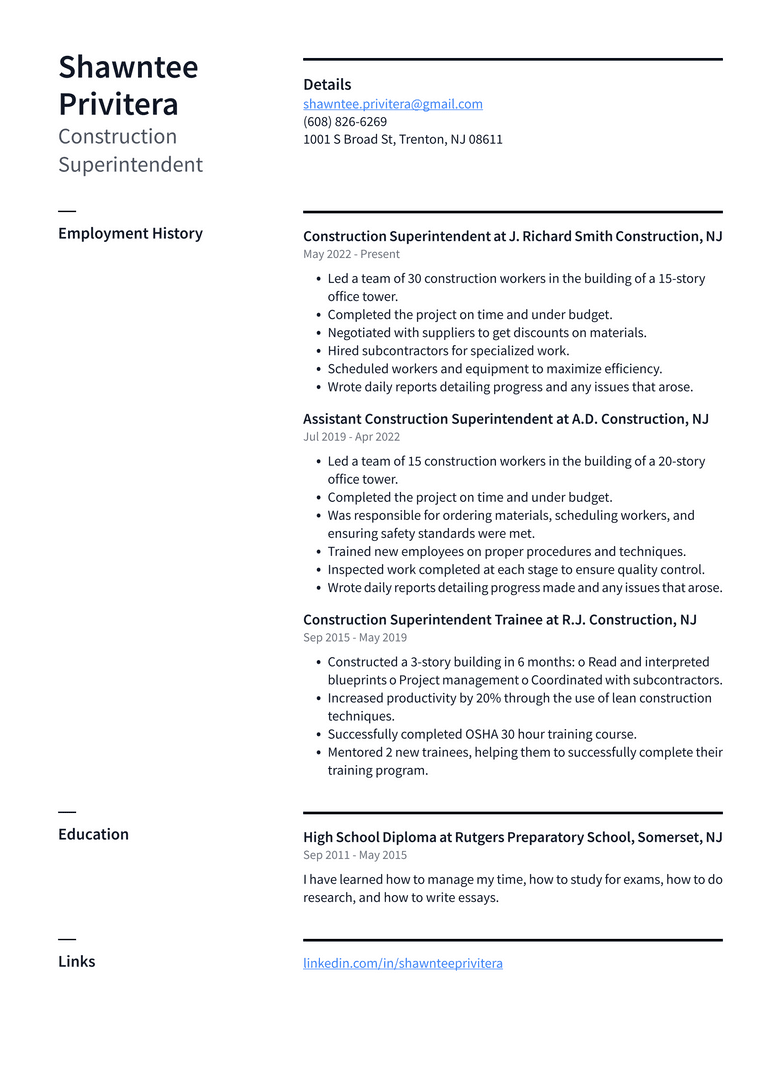 Construction Worker Resume Example and Writing Guide