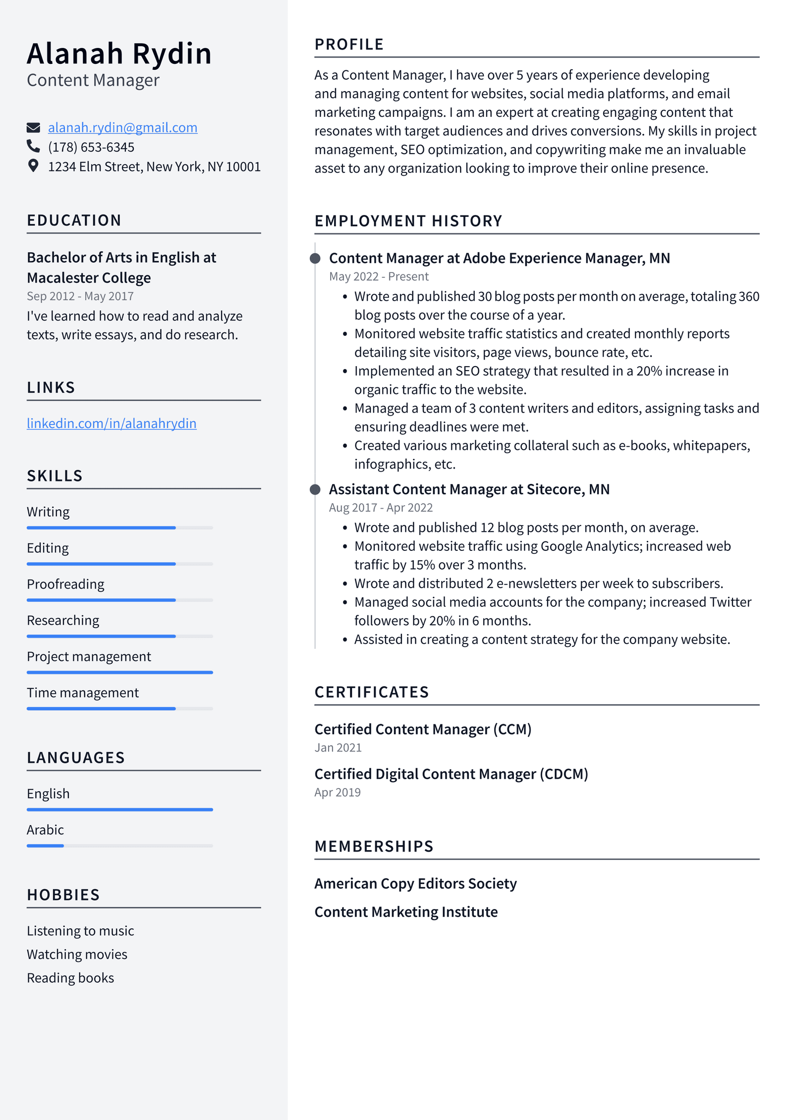 Digital Marketing Manager Resume Example and Writing Guide