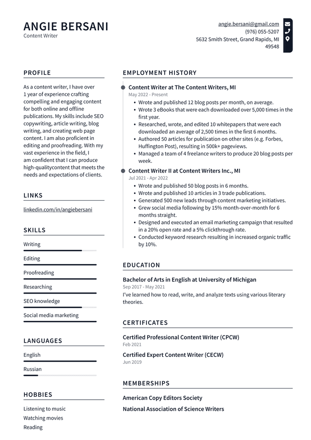 Blog Writer Resume Example and Writing Guide - ResumeLawyer