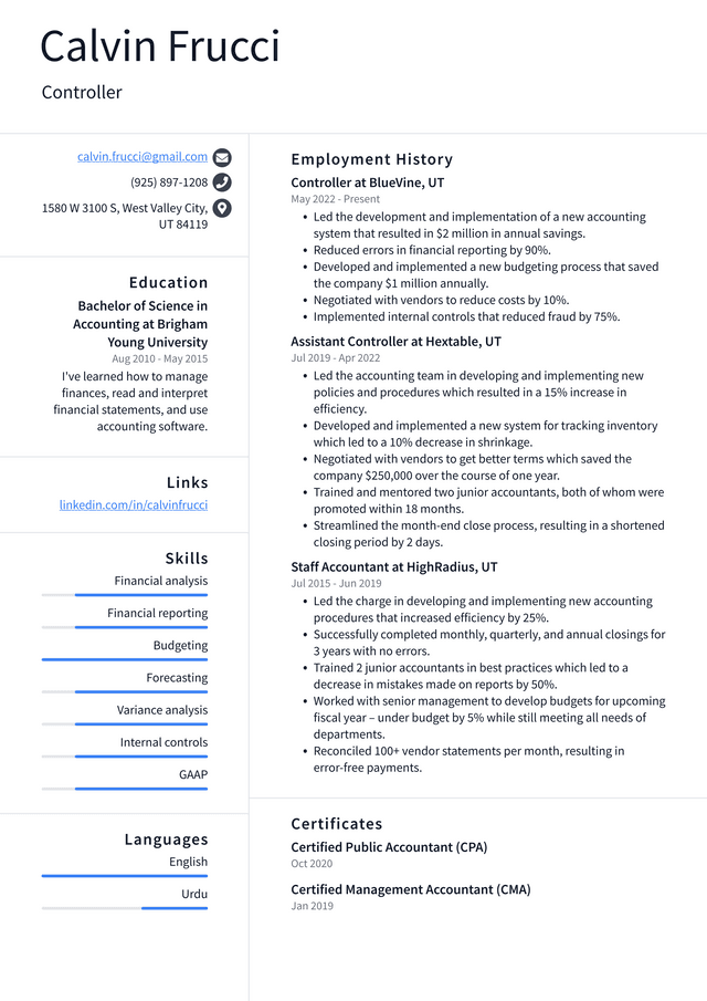 Accounting and Finance Resume Example and Writing Guide
