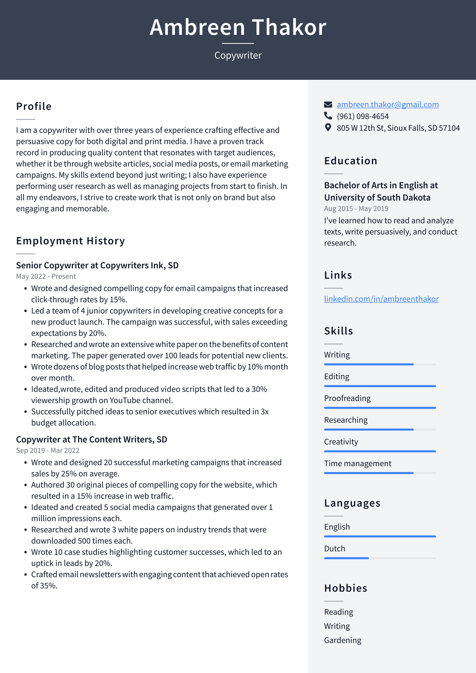 Blog Writer Resume Example and Writing Guide - ResumeLawyer