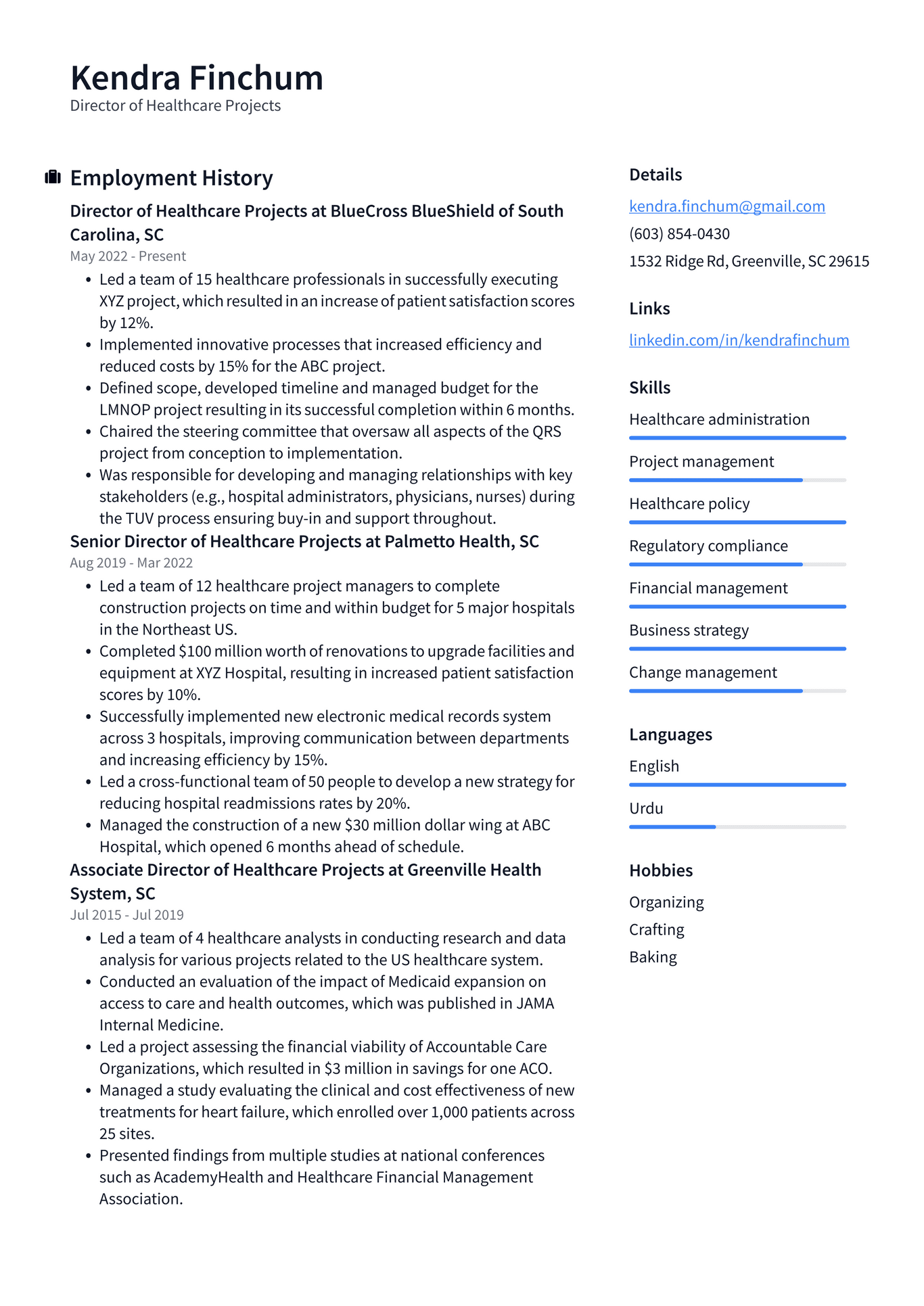 Healthcare Project Manager Resume Example and Writing Guide