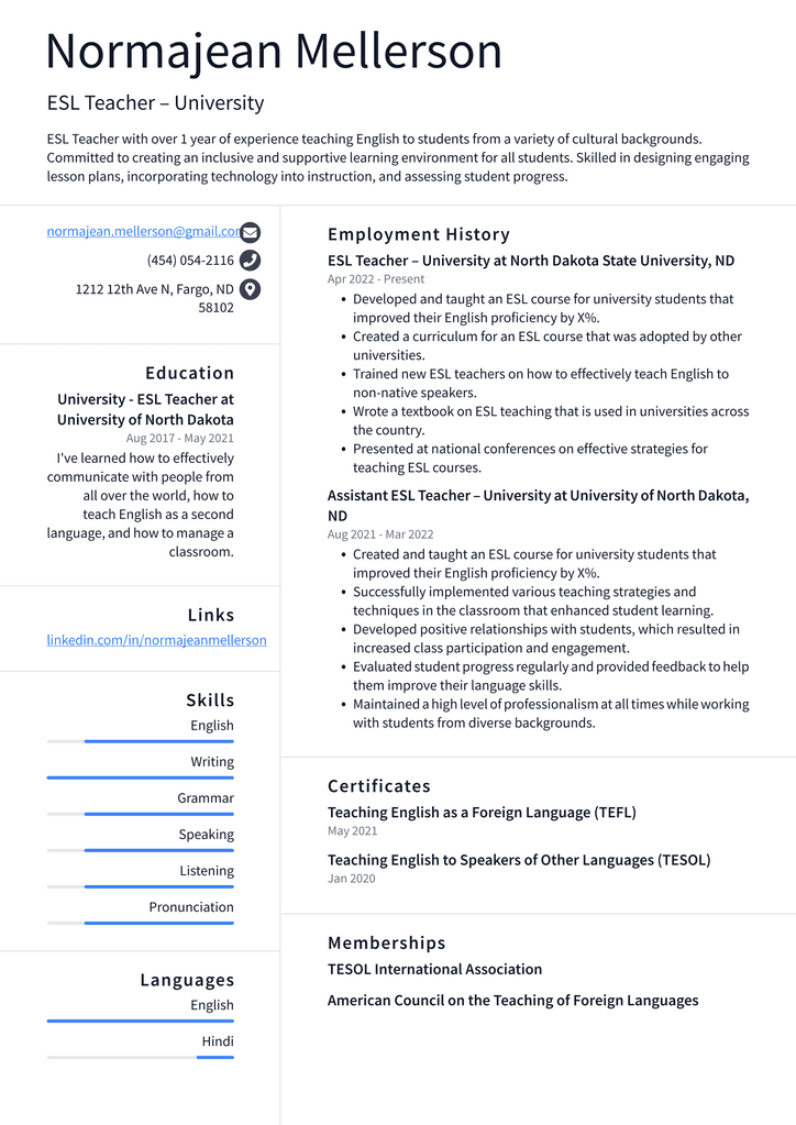 ESL Teacher Resume Example and Writing Guide - ResumeLawyer