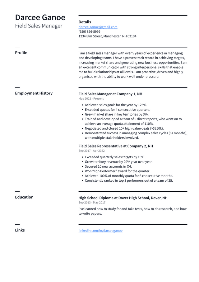 Field Sales Professional Resume Example and Writing Guide