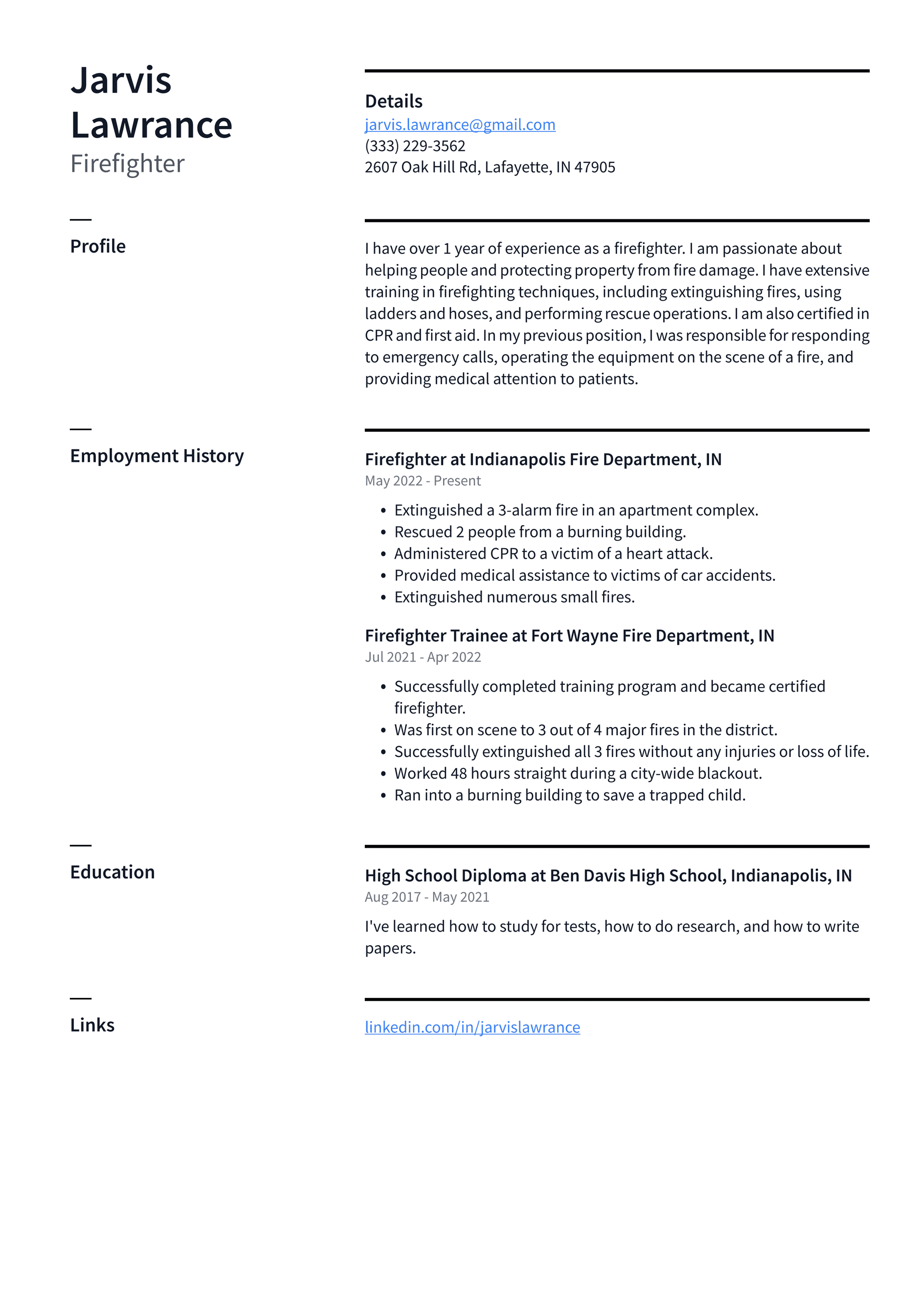 Volunteer Firefighter Resume Example and Writing Guide - ResumeLawyer