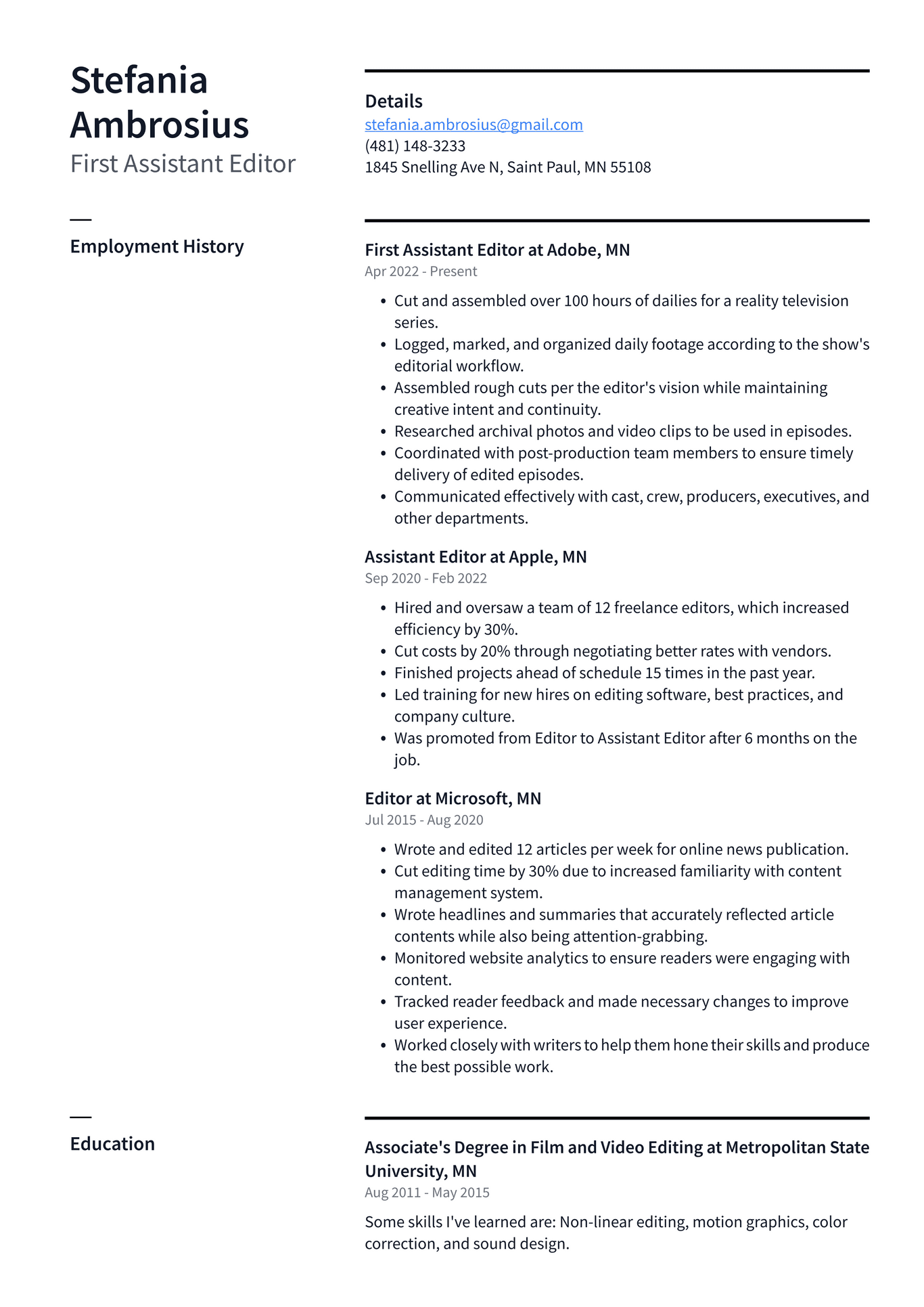 Film and Video Editor Resume Example and Writing Guide