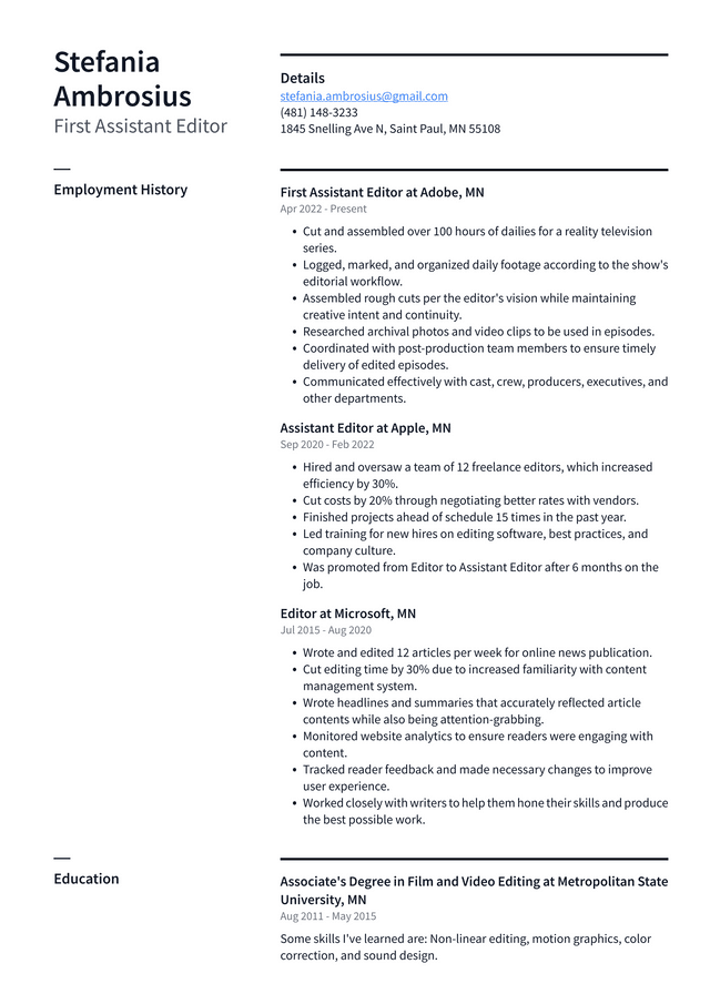 Film and Video Editor Resume Example and Writing Guide