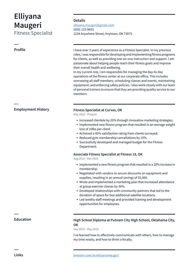 Fitness Instructor Resume Example and Writing Guide - ResumeLawyer