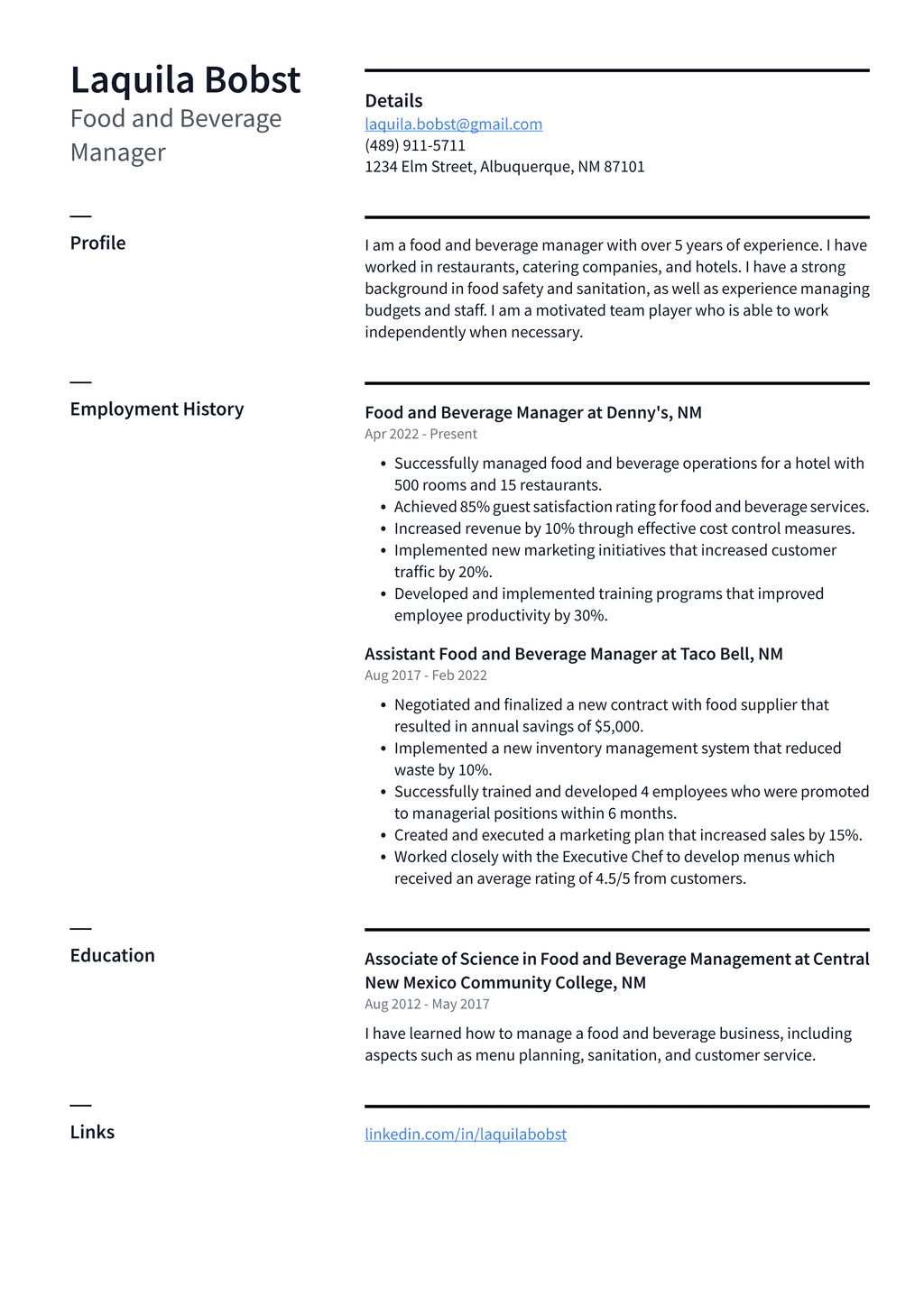 Food Services Manager Resume Example and Writing Guide