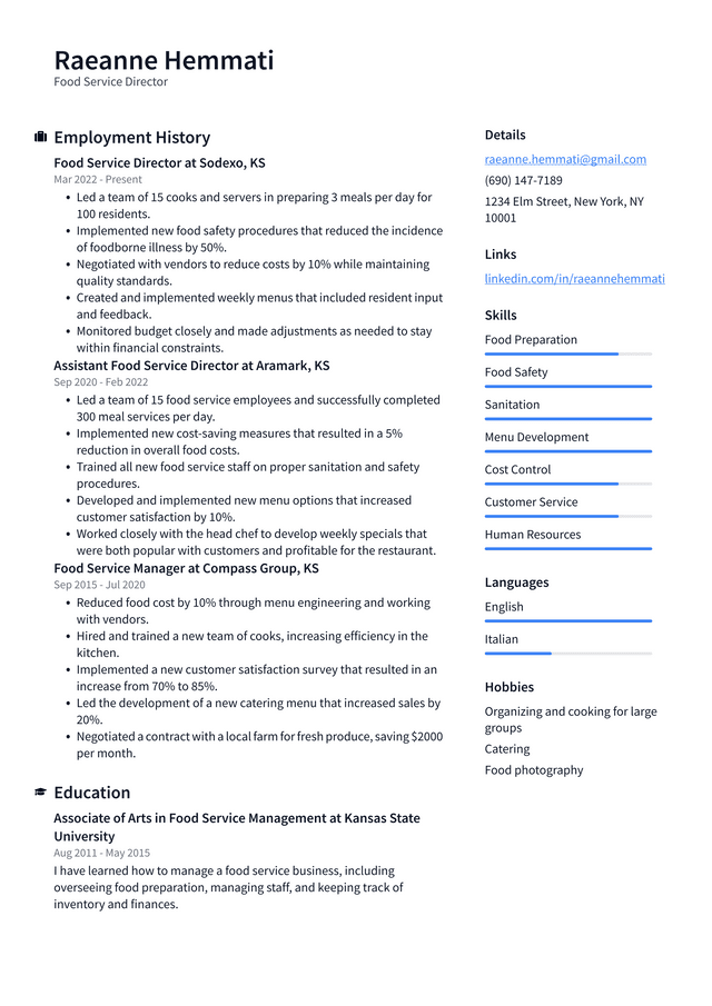 Food Services Manager Resume Example and Writing Guide