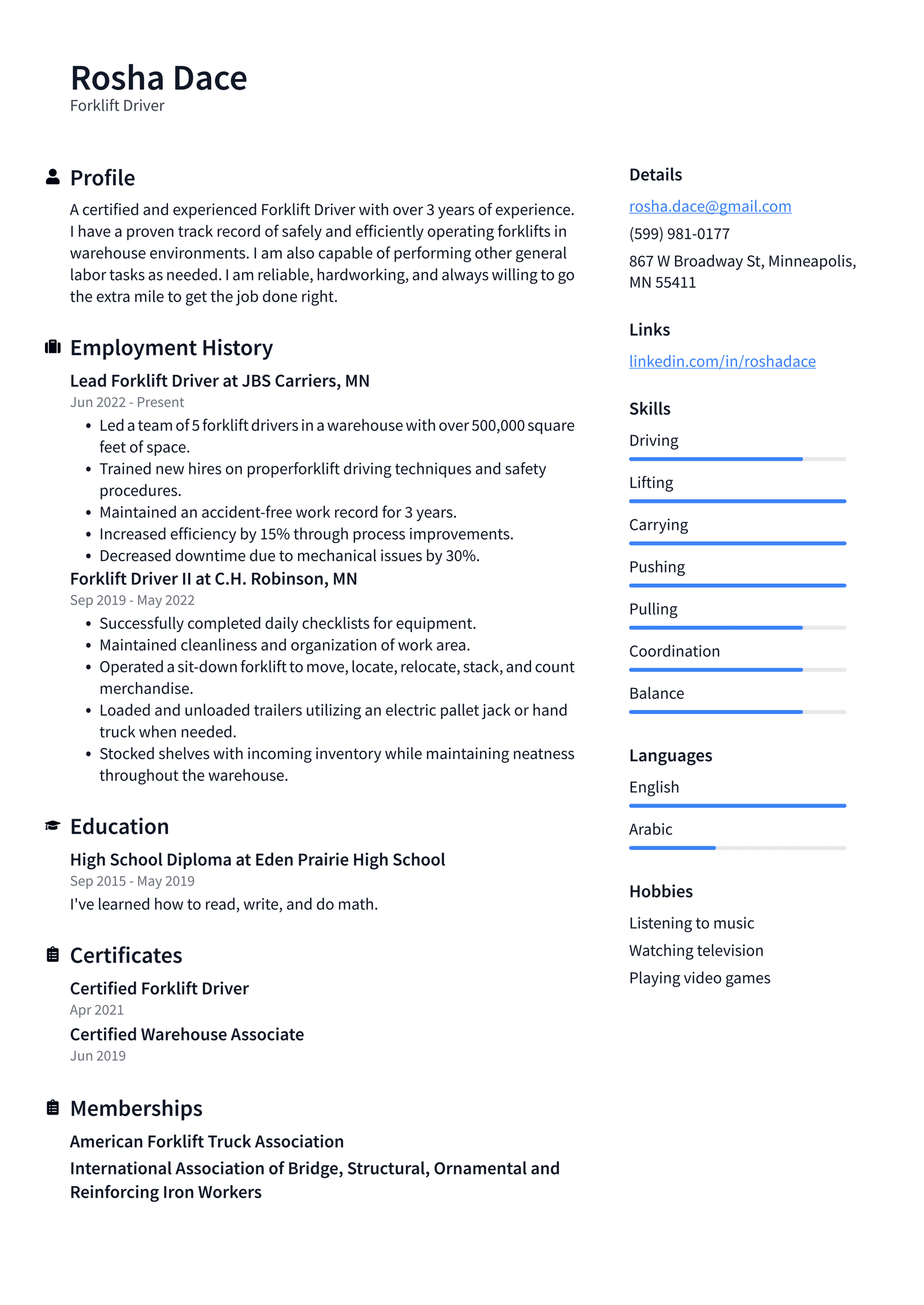 Forklift Operator Resume Example and Writing Guide - ResumeLawyer