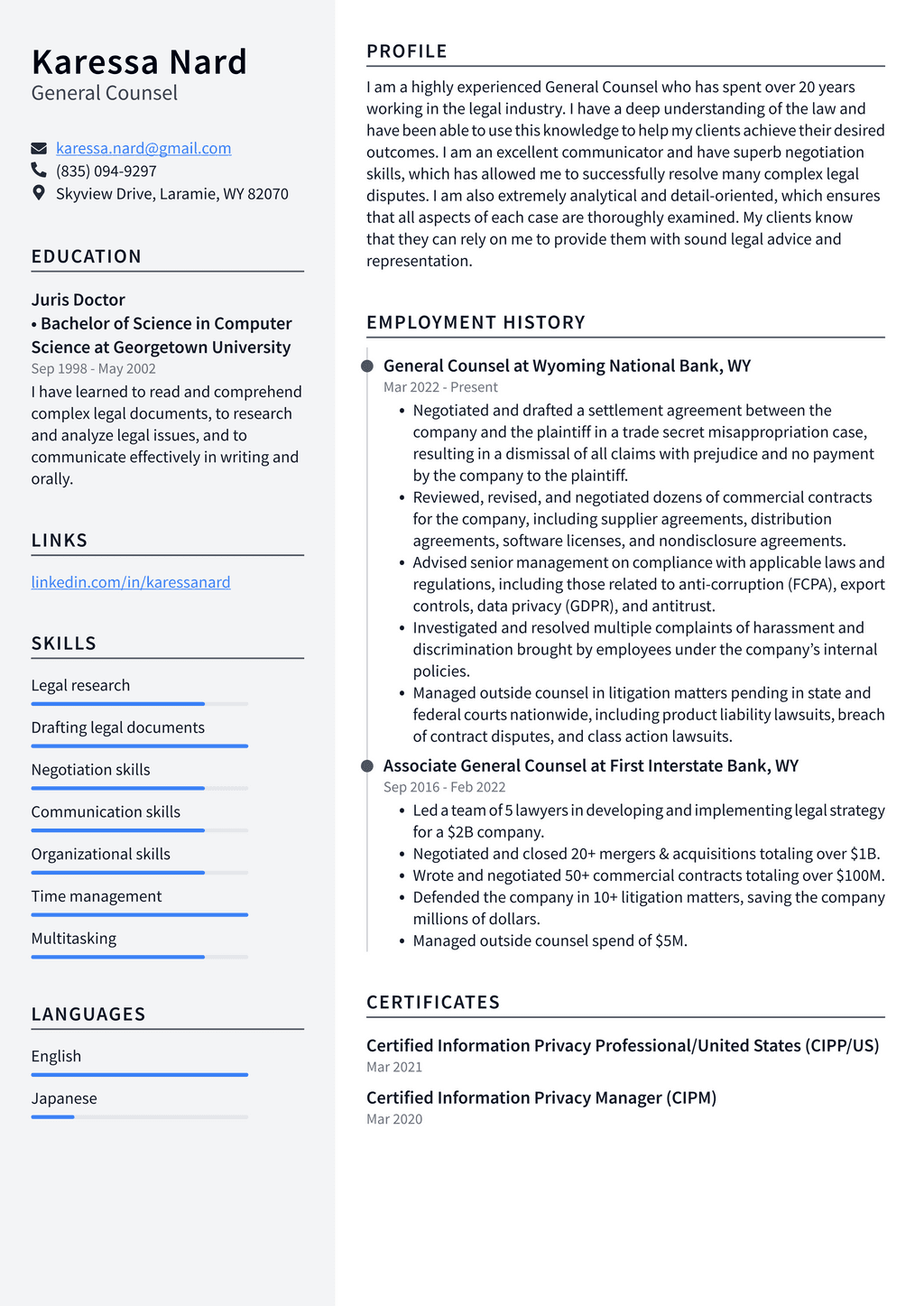 Attorney Resume Example and Writing Guide - ResumeLawyer