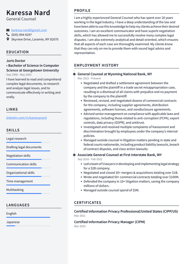 Attorney Resume Example and Writing Guide - ResumeLawyer